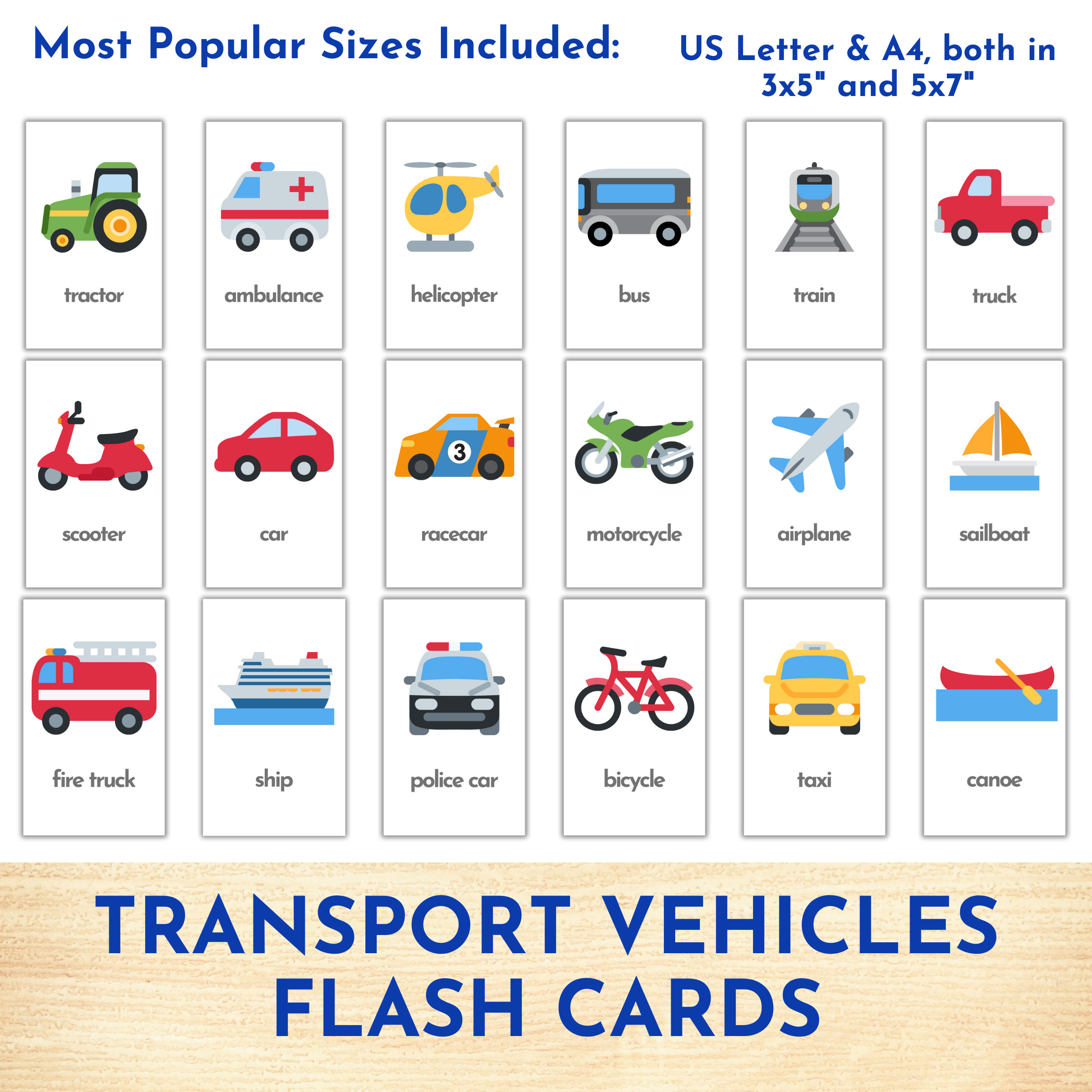 Vehicles Flashcards for Kids Education, 18 Colorful Transport Flash ...