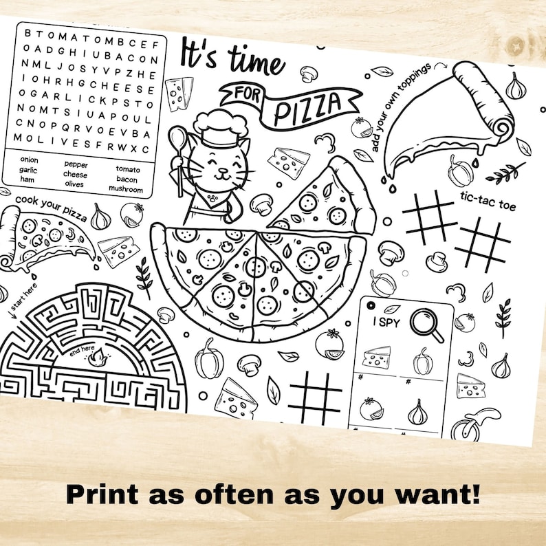 Coloring Placemats for Kids Pizza Party, Printable Restaurant Activity ...