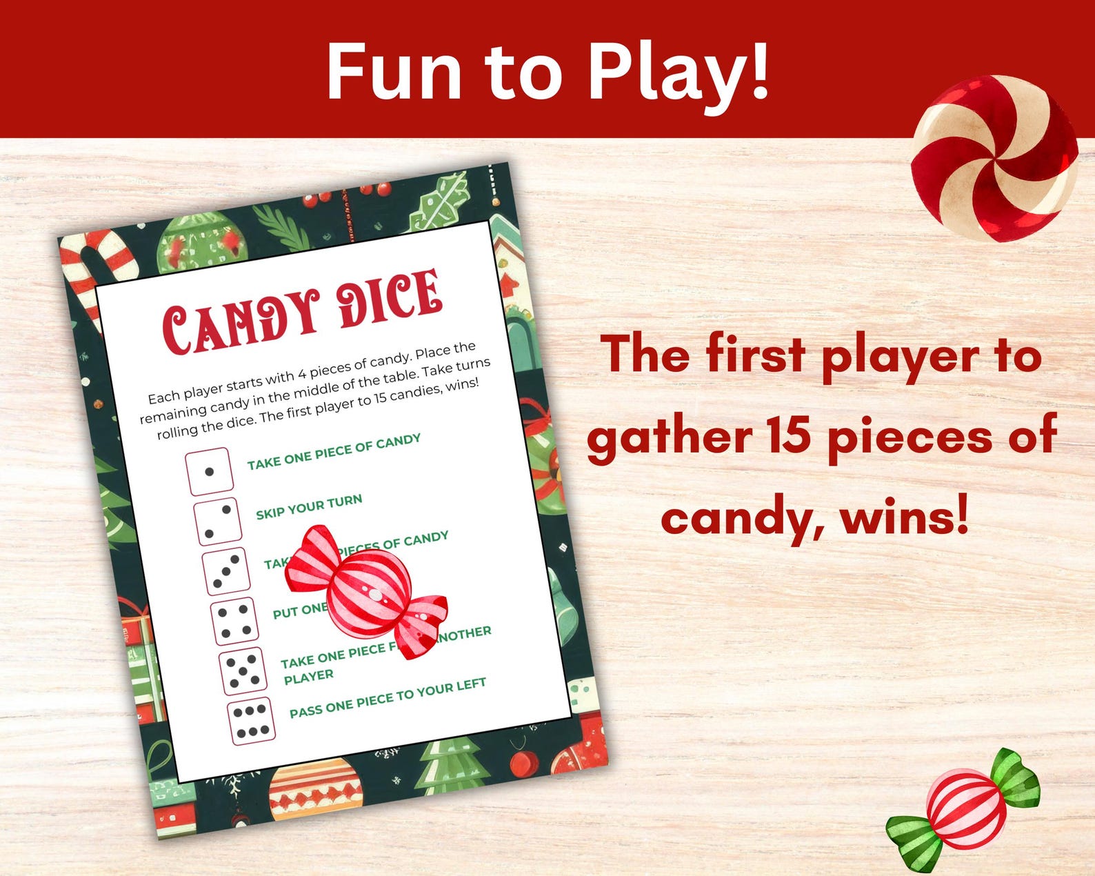 Christmas Candy Dice Game Printable, Fun Activity for Family Kids ...