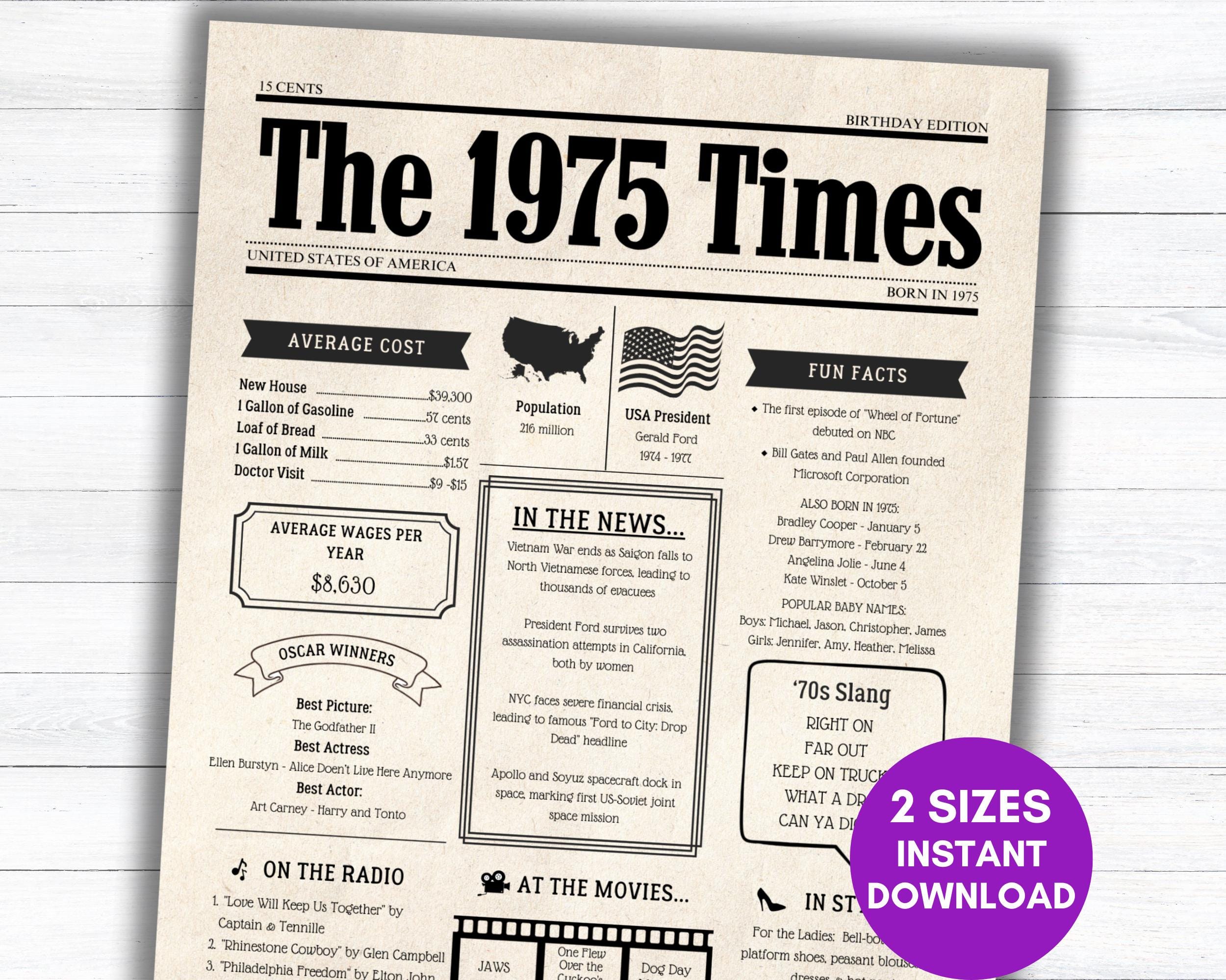 Year You Were Born Facts 1975, Birthday Newspaper Keepsake Poster ...