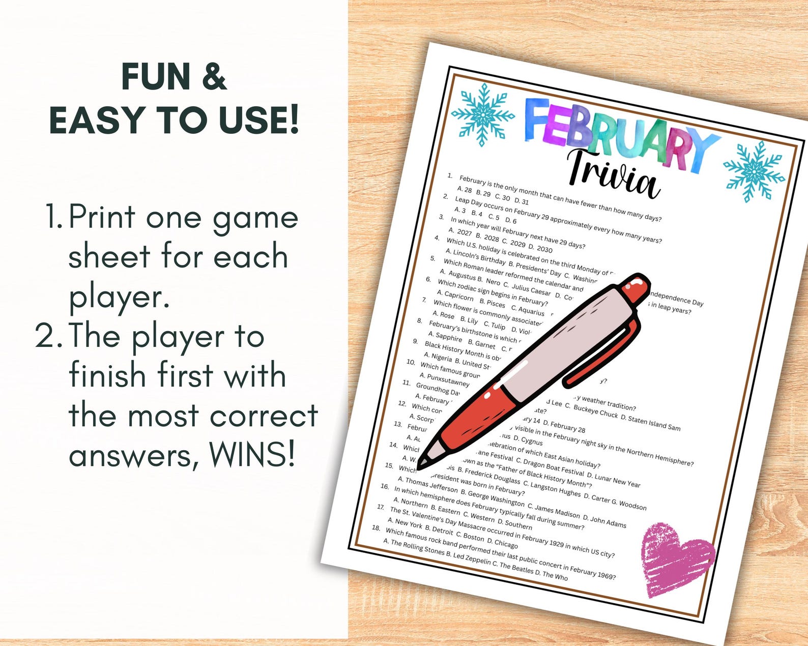 February Trivia Quiz Game Printable, Answers, Winter Season Game Night ...
