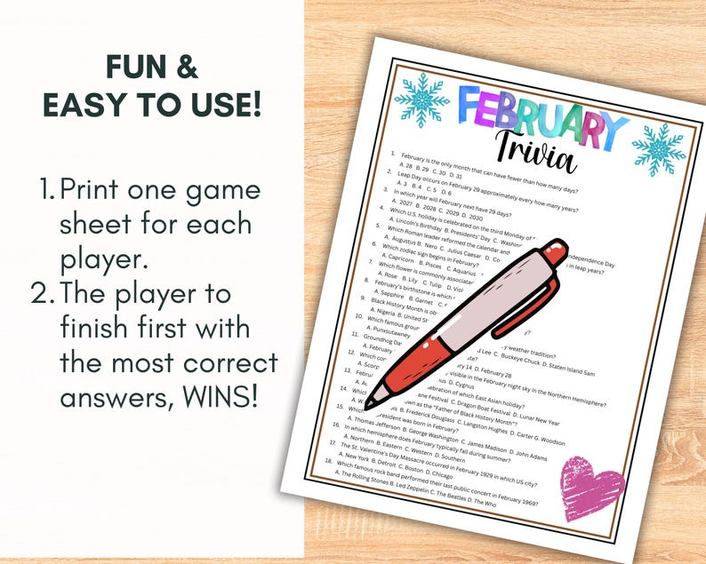 February Trivia Quiz Game Printable, Answers, Winter Season Game Night ...