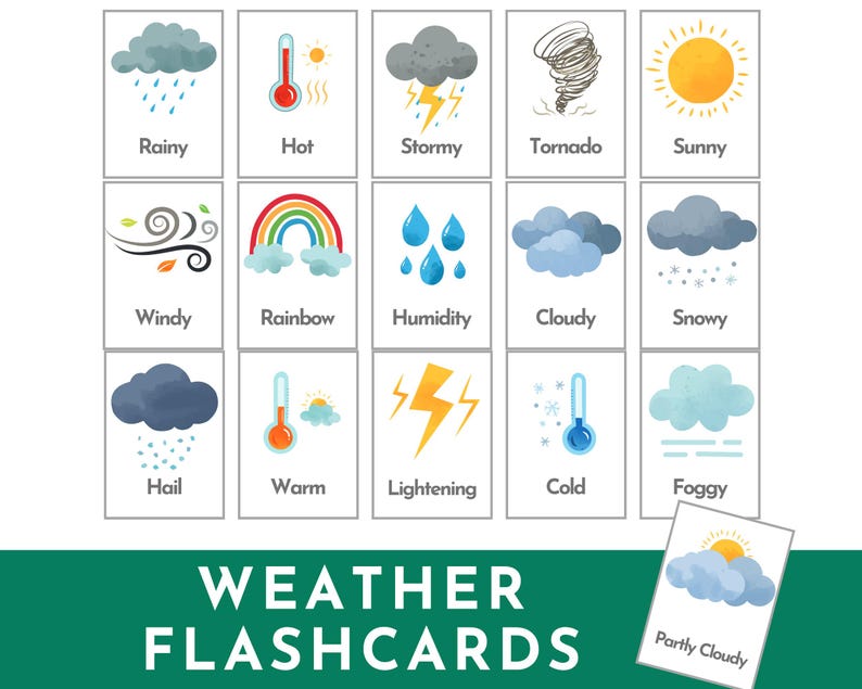 Weather Flashcards for Kids, Homeschool Education Flash Cards, 16 ...