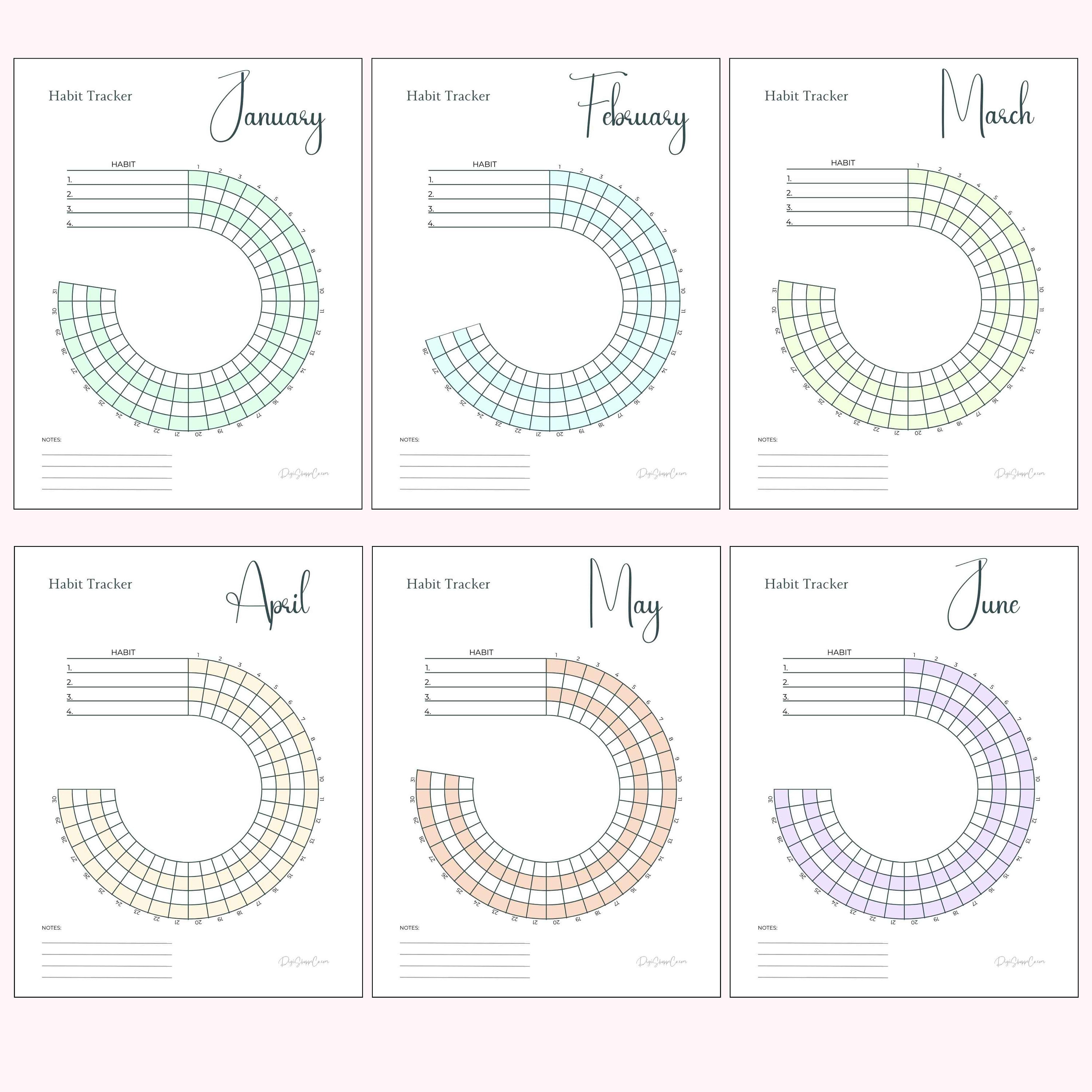 Printable Circular Habit Trackers Monthly Track Daily Habits for Self ...
