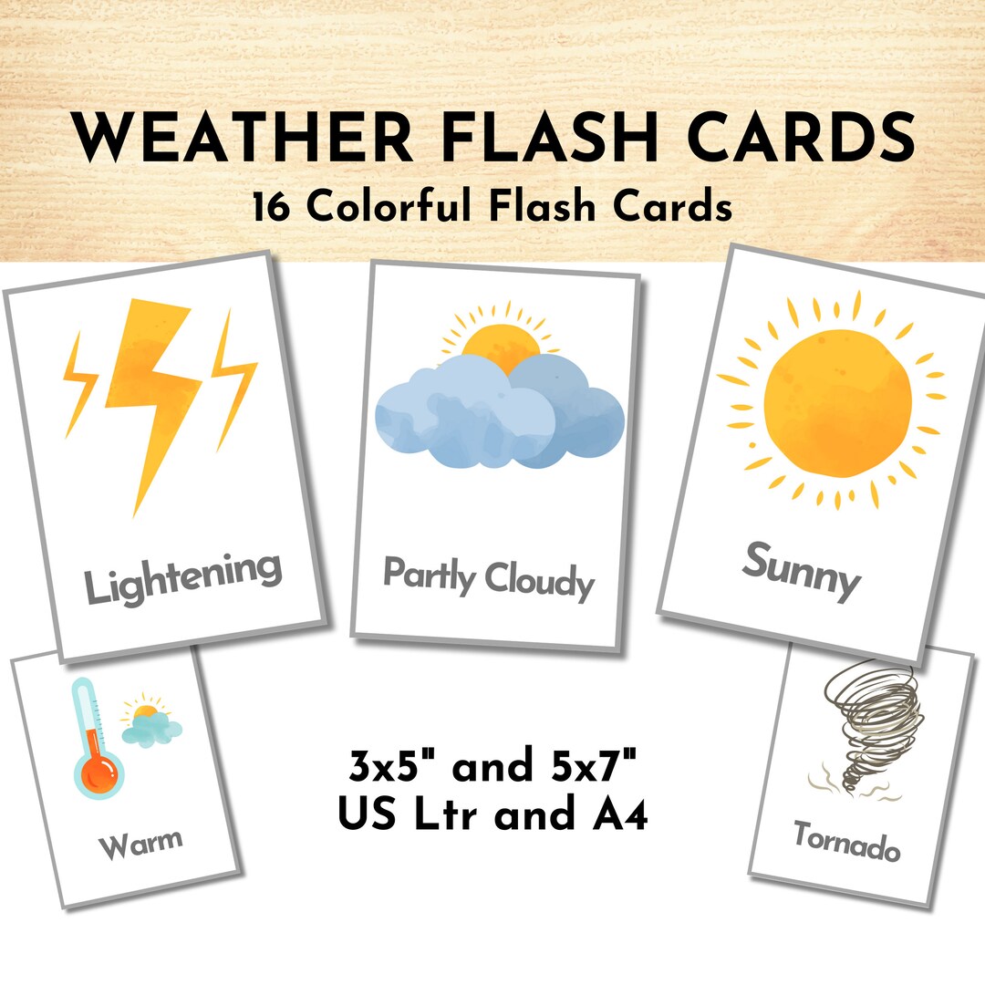 Flashcards for Kids Weather, Homeschool Education Flash Cards, 16 ...