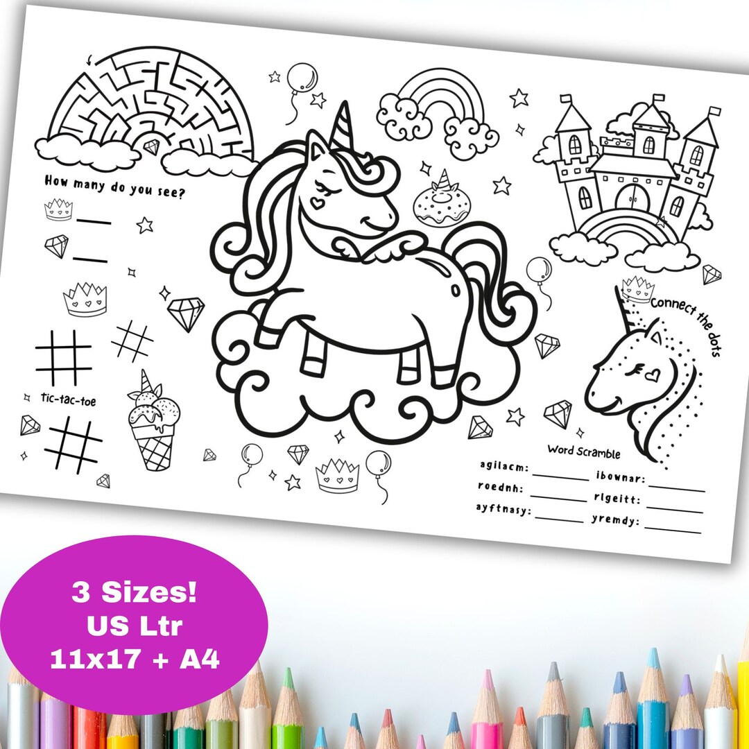 Buy Unicorn Coloring Page Placemat for Kids Birthday Party, Activity ...