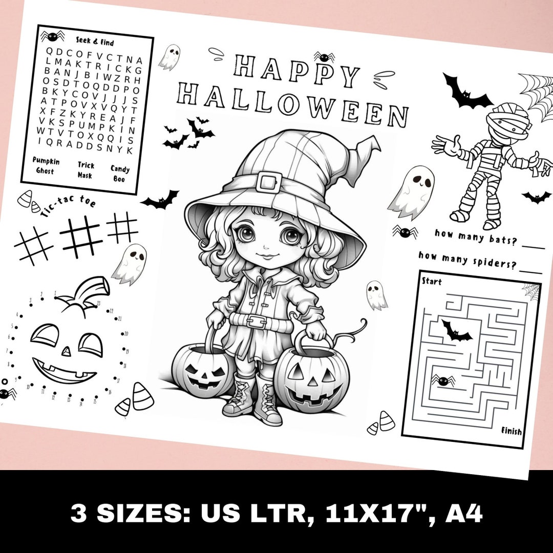 Halloween Coloring Placemat for Kids Fall Activity Sheet to - Etsy