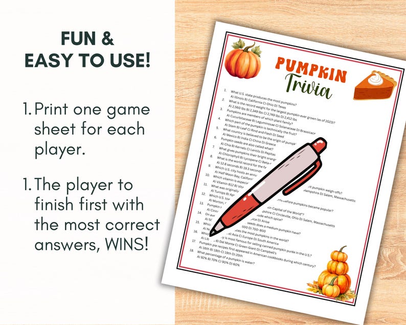 PUMPKIN Trivia Quiz Game Printable, With Answers, Fall Autumn Harvest ...