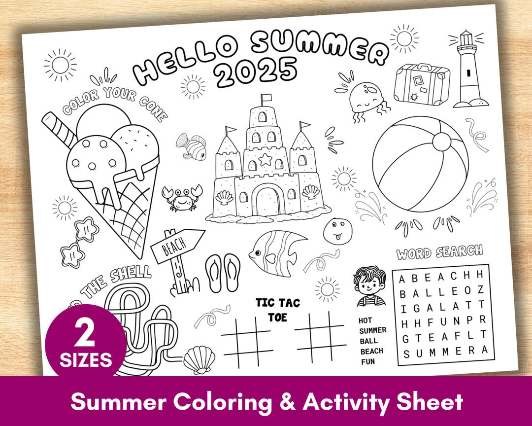 Summer Coloring Sheet for Kids, Beach Theme Activity Placemat ...