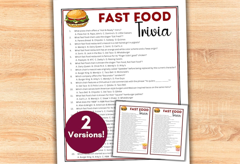 Fast Food Trivia Printable Game With Answers, Pop Culture, Pub Trivia ...