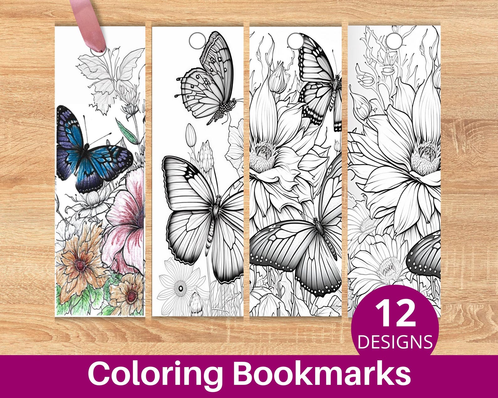 Bookmarks to Color Butterflies and Flowers Coloring Page for Adults ...