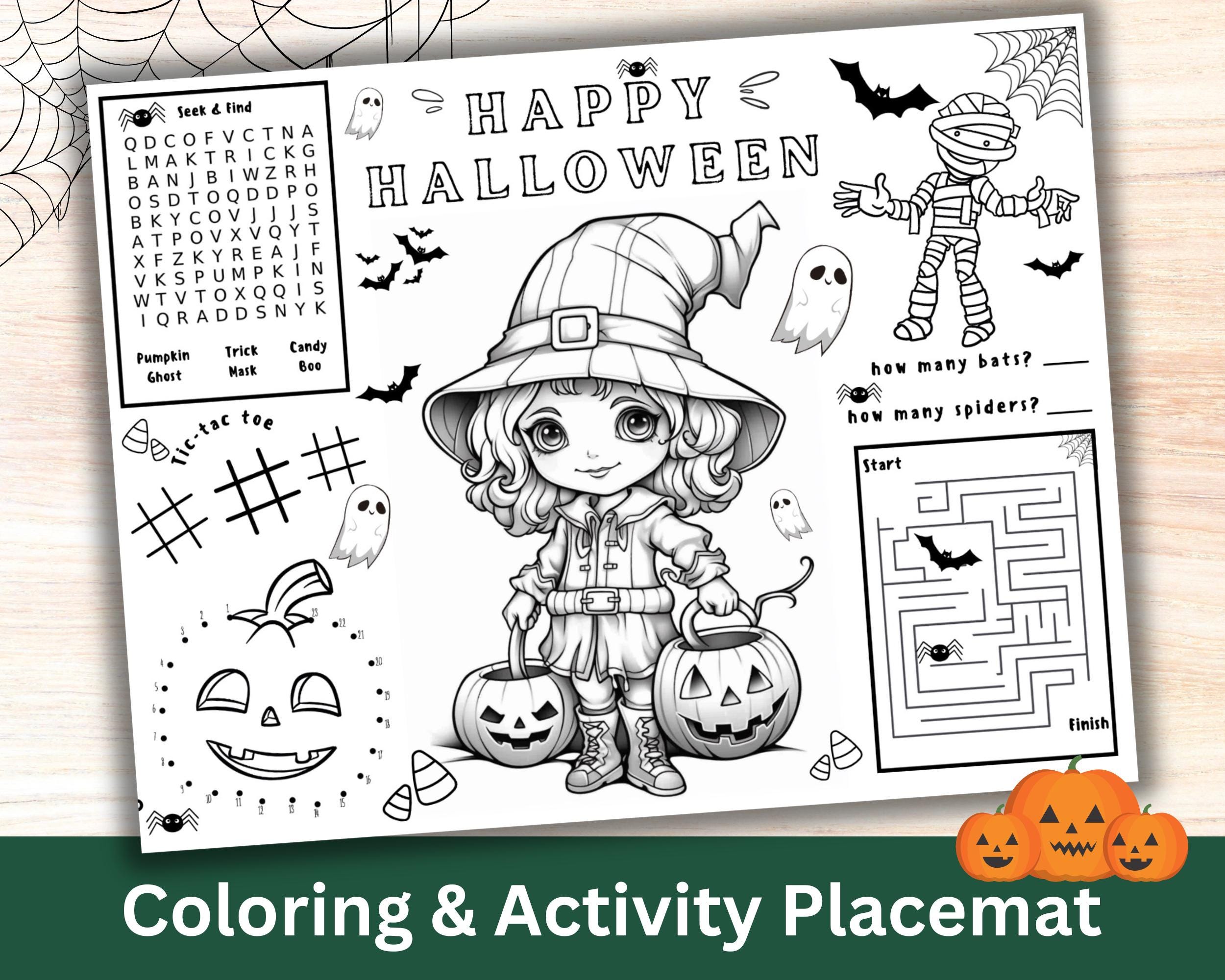 Coloring Placemats for Kids HALLOWEEN Printable, Tic Tac Toe Maze Seek ...