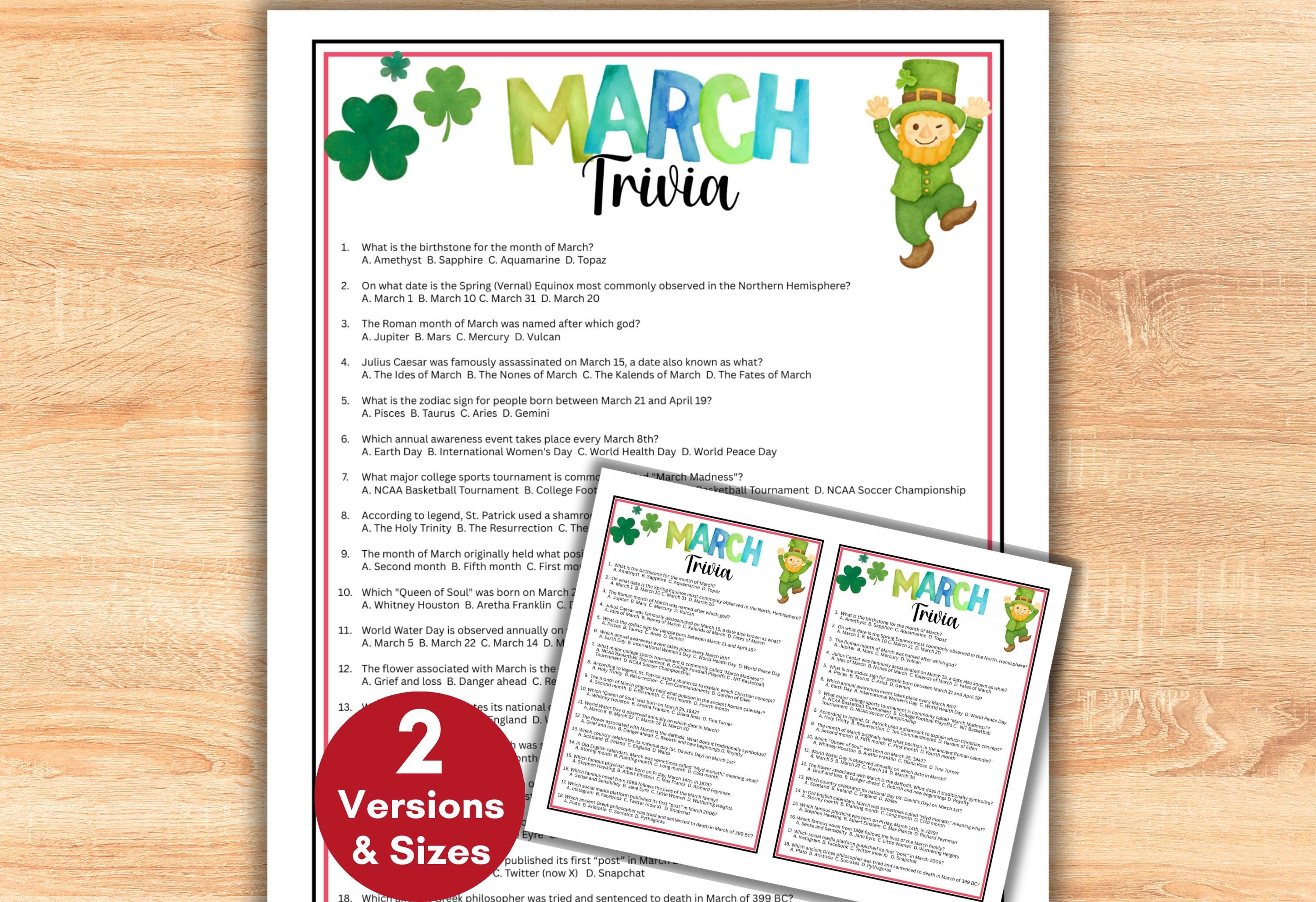 MARCH Trivia Quiz Game Printable With Answers, Family Game Night, Pop ...