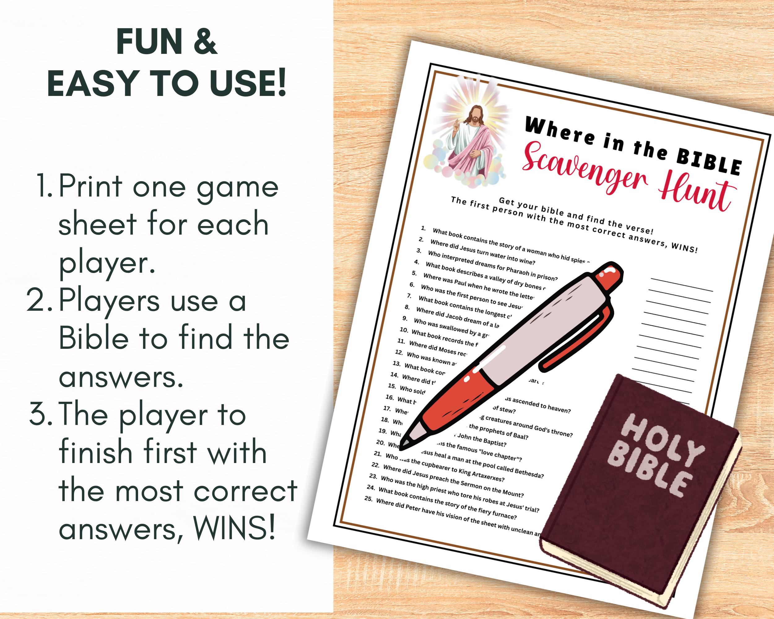 Bible Scavenger Hunt Trivia Quiz Game, Christian Church Scripture ...