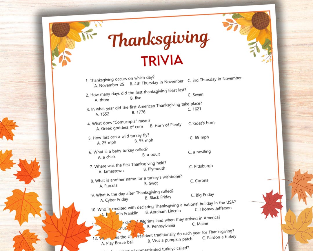 Thanksgiving TRIVIA Game Printable, Party Game for Family Holiday and ...