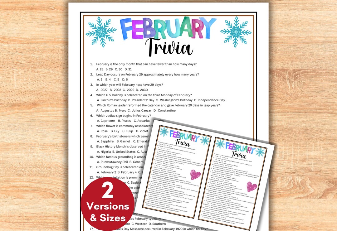 February Trivia Quiz Game Printable, Answers, Winter Season Game Night ...