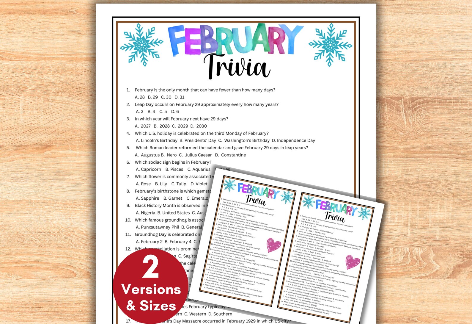 February Trivia Quiz Game Printable, Answers, Winter Season Game Night ...