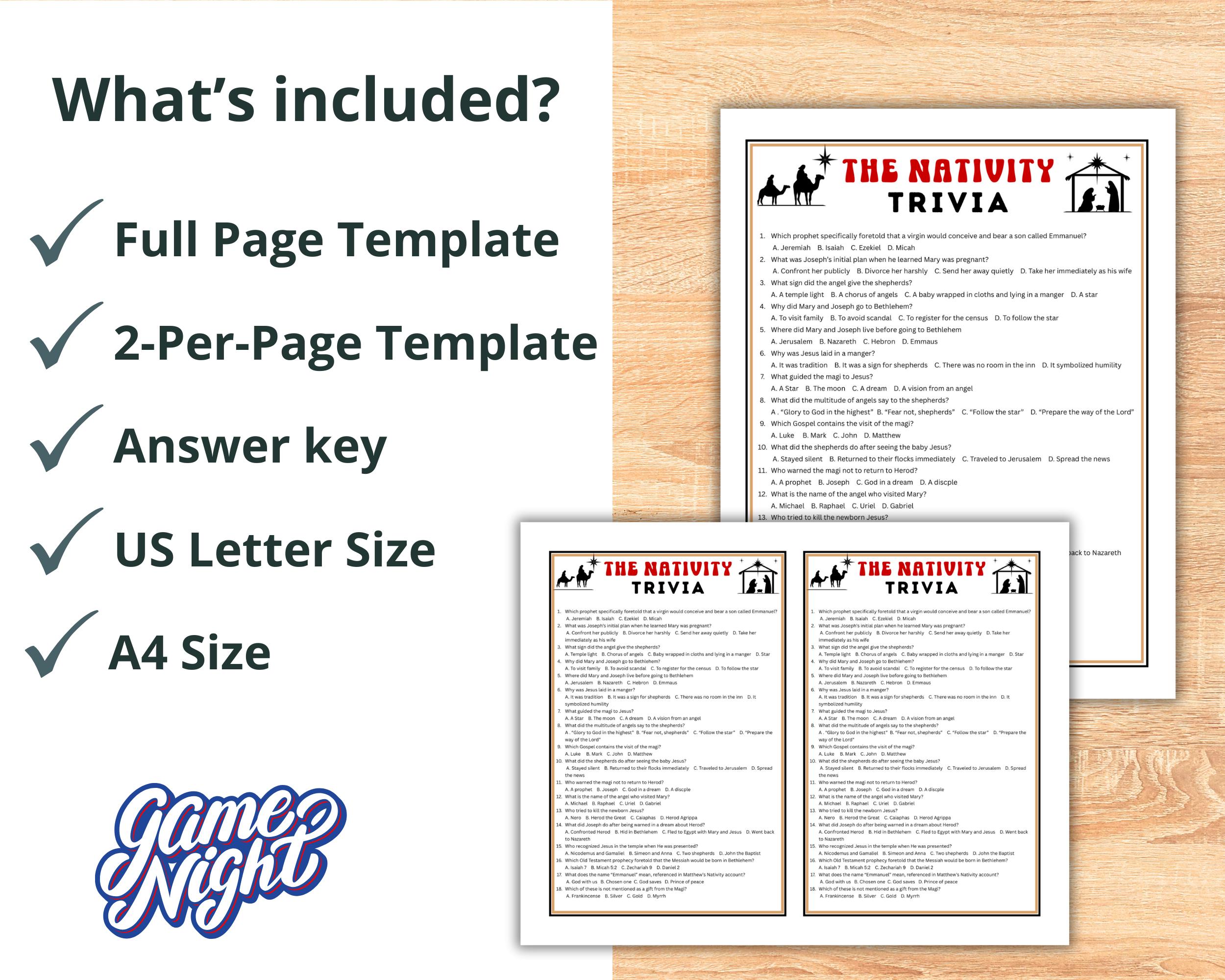 Nativity Trivia Quiz Game Printable, Jesus Birth Christmas Story ...