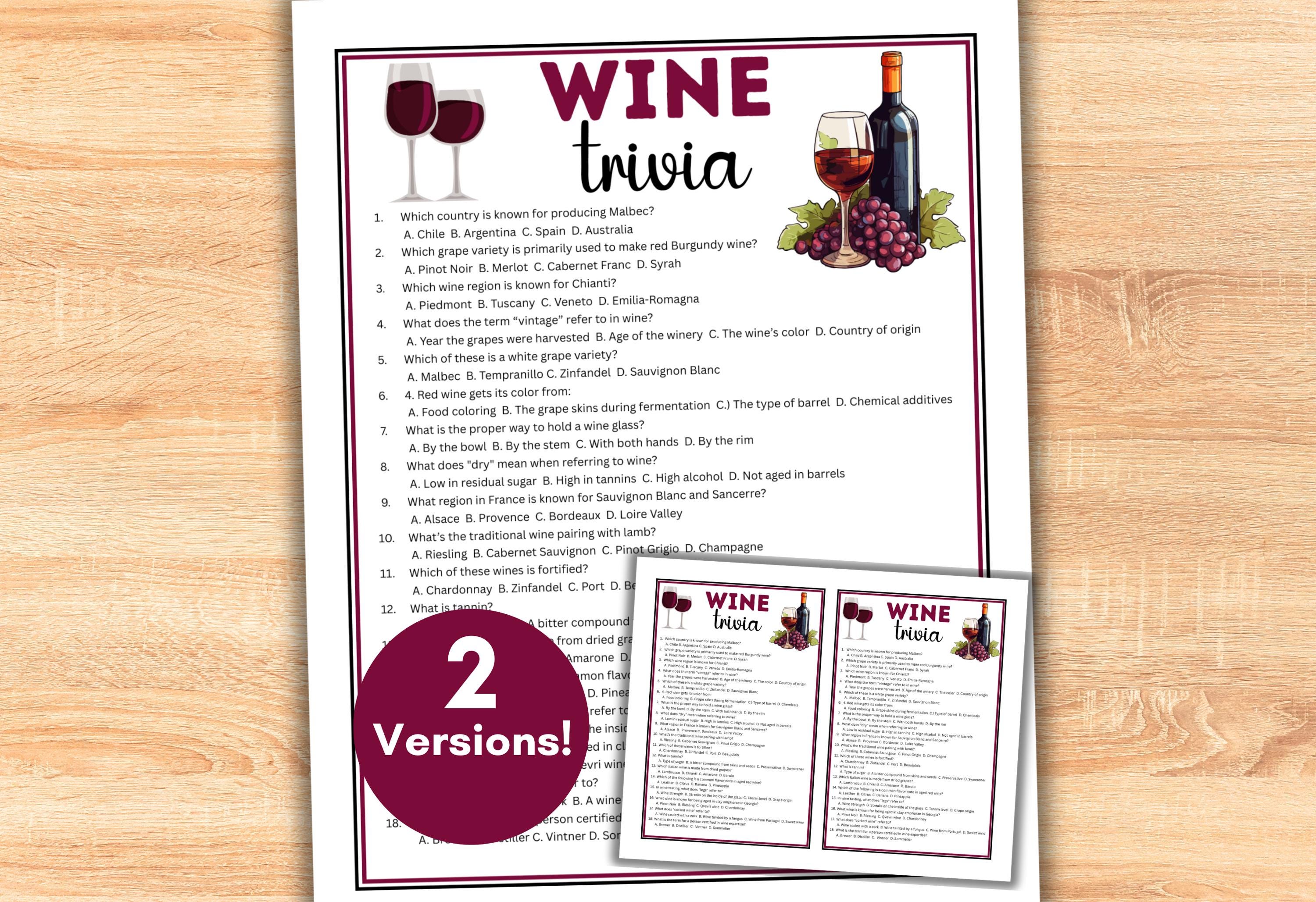 Wine Trivia Quiz Game Printable, Questions and Answers, Pop Culture ...
