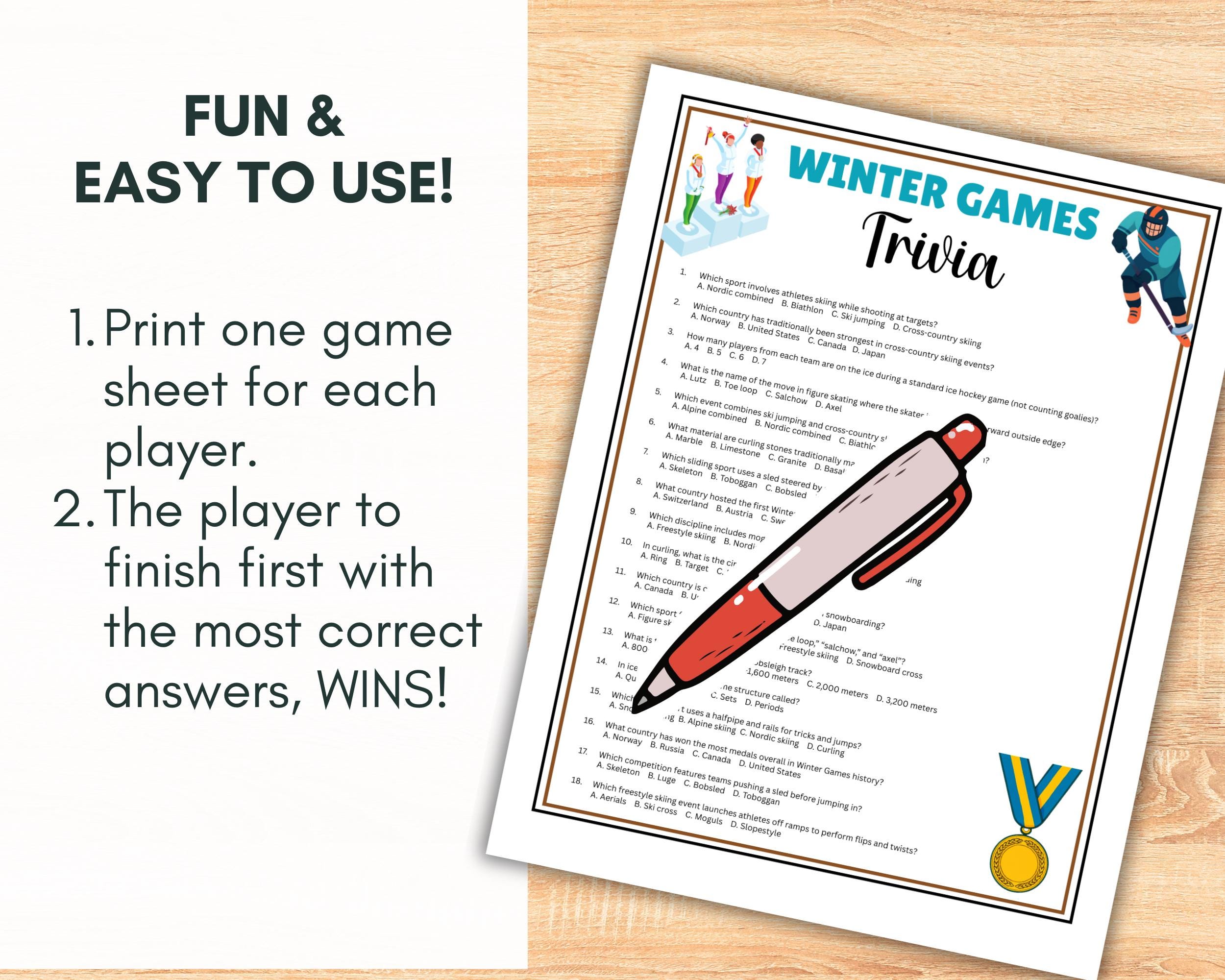 Winter Games Trivia Quiz Printable With Answers, 2026 Milan Winter Ice ...