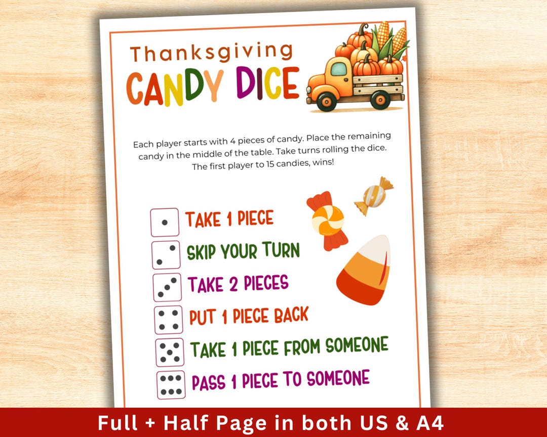 Candy Dice Game Printable Thanksgiving, Friendsgiving Dinner Fun ...