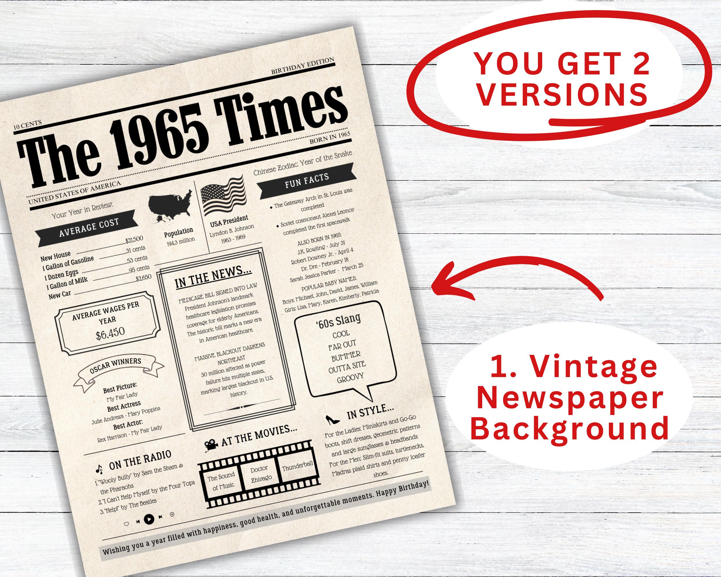 1965 Year You Were Born Facts, Birthday Newspaper Keepsake Poster ...