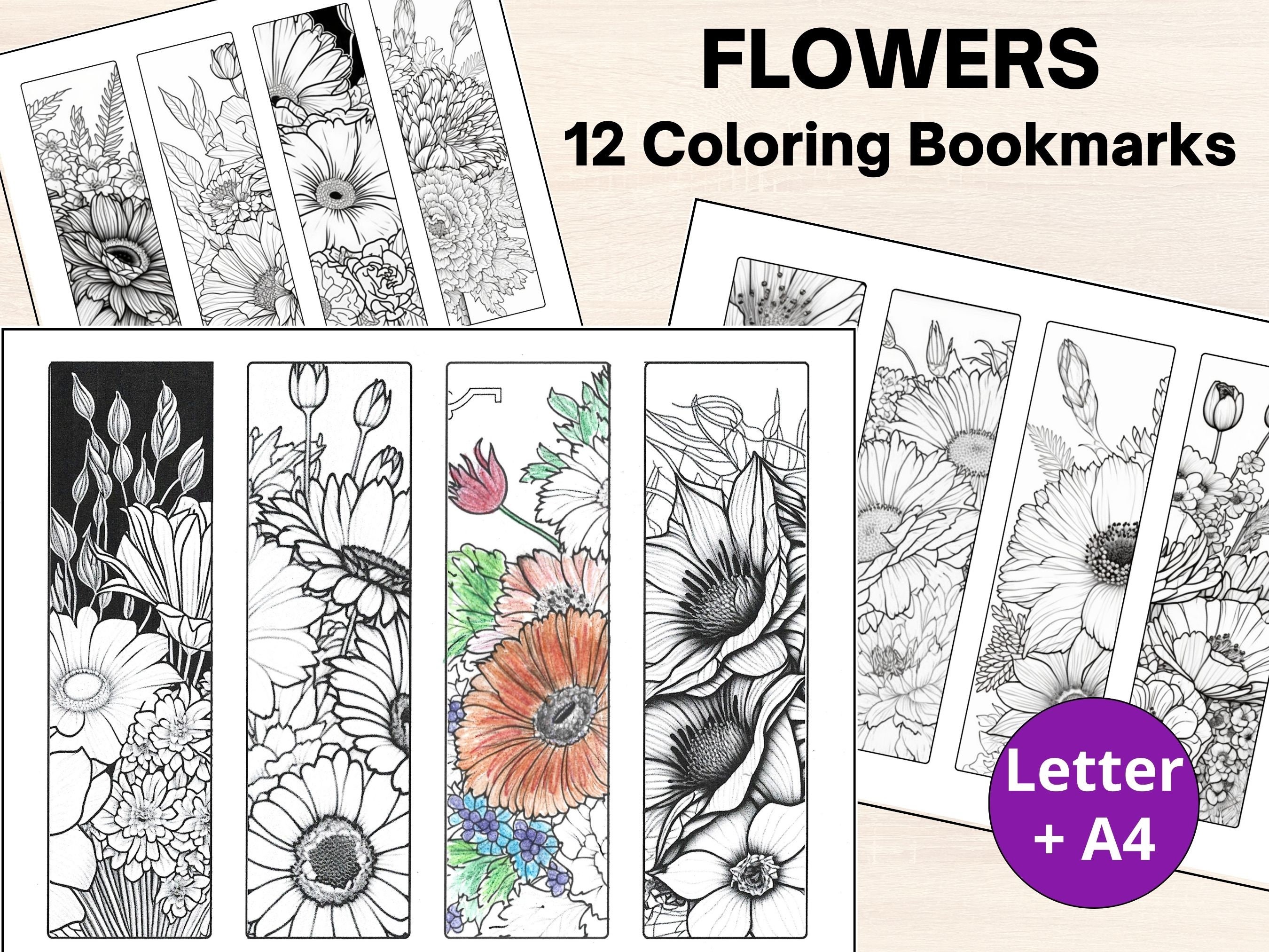 Coloring Bookmarks Printable FLOWERS, 12 Floral Coloring Bookmarks Page ...