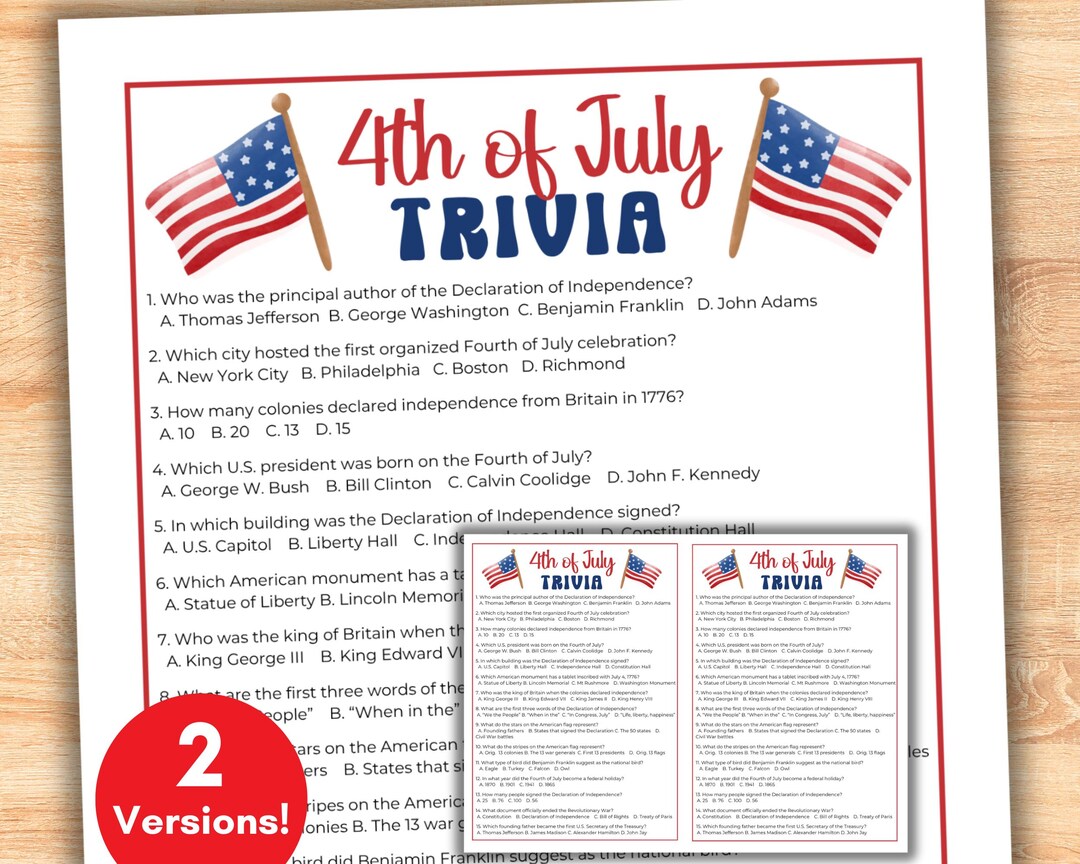 4th of July TRIVIA Game Printable, Quiz Challenge USA Facts ...