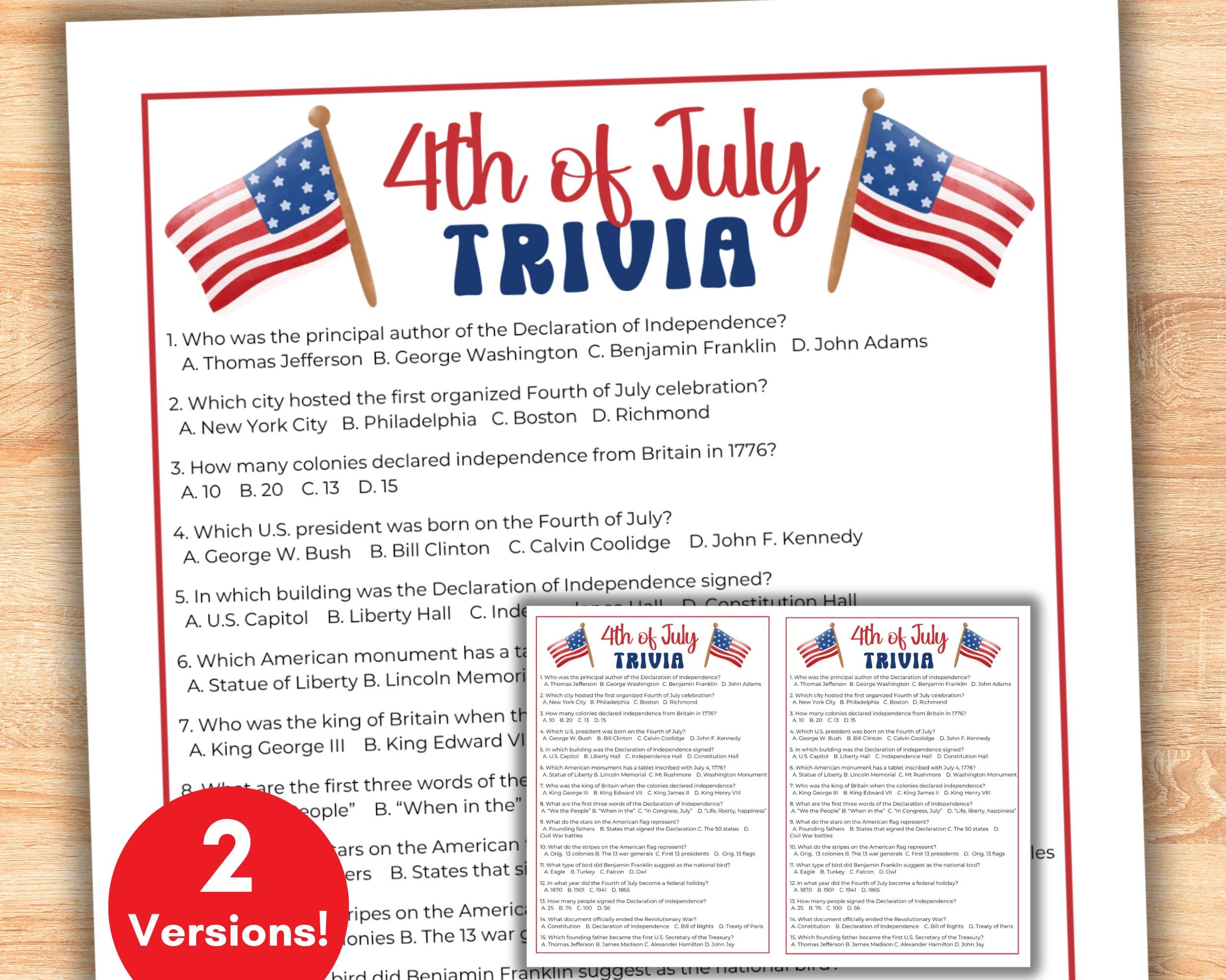 4th of July TRIVIA Game Printable, Quiz Challenge USA Facts ...