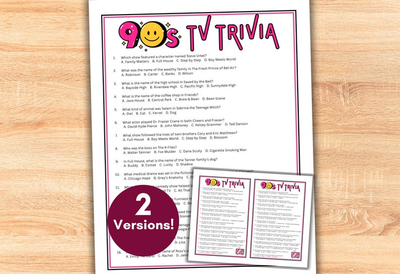 90s TV Trivia Quiz Game Printable With Answers, 1990s Popular TV Shows ...
