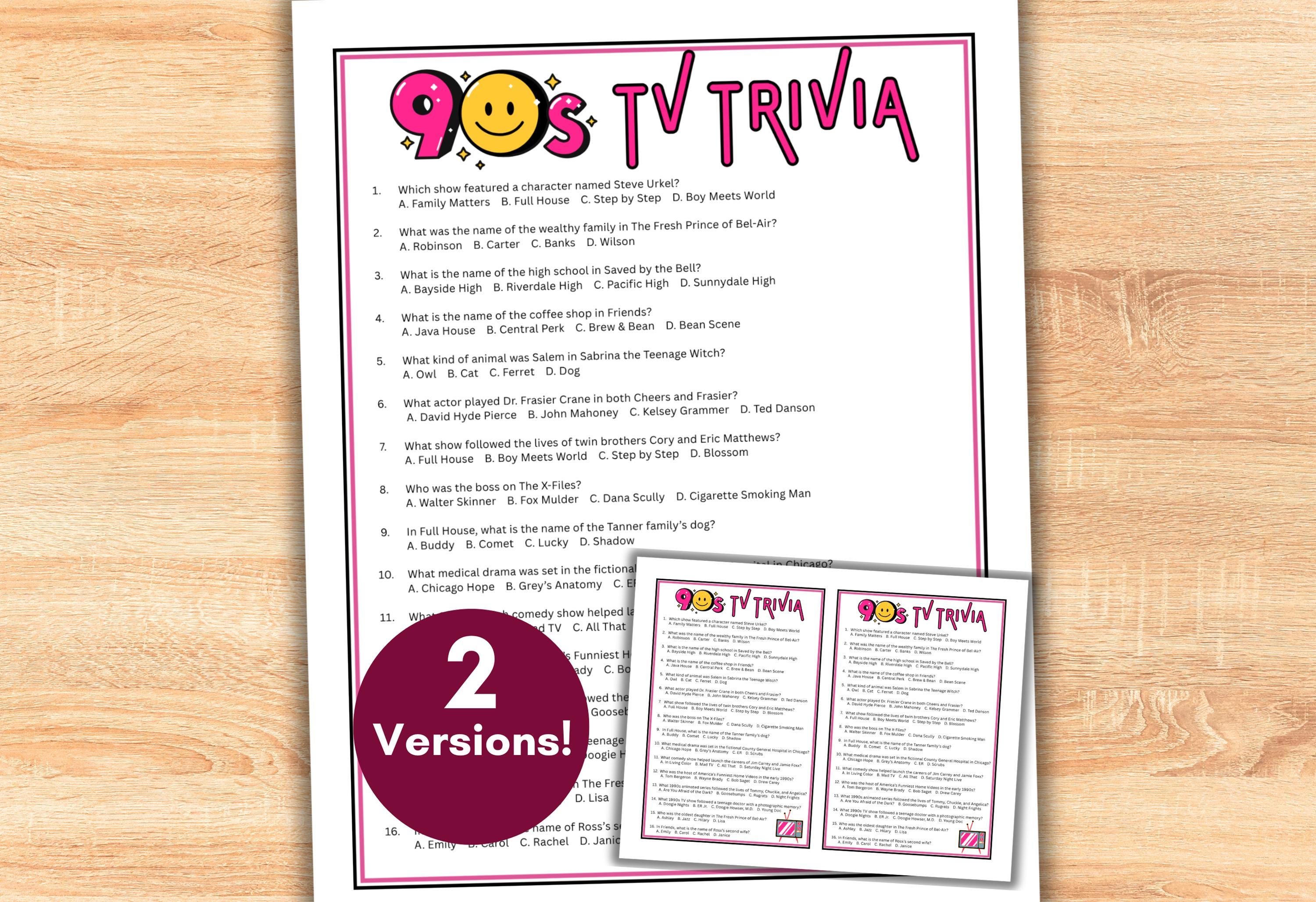 90s TV Trivia Quiz Game Printable With Answers, 1990s Popular TV Shows ...