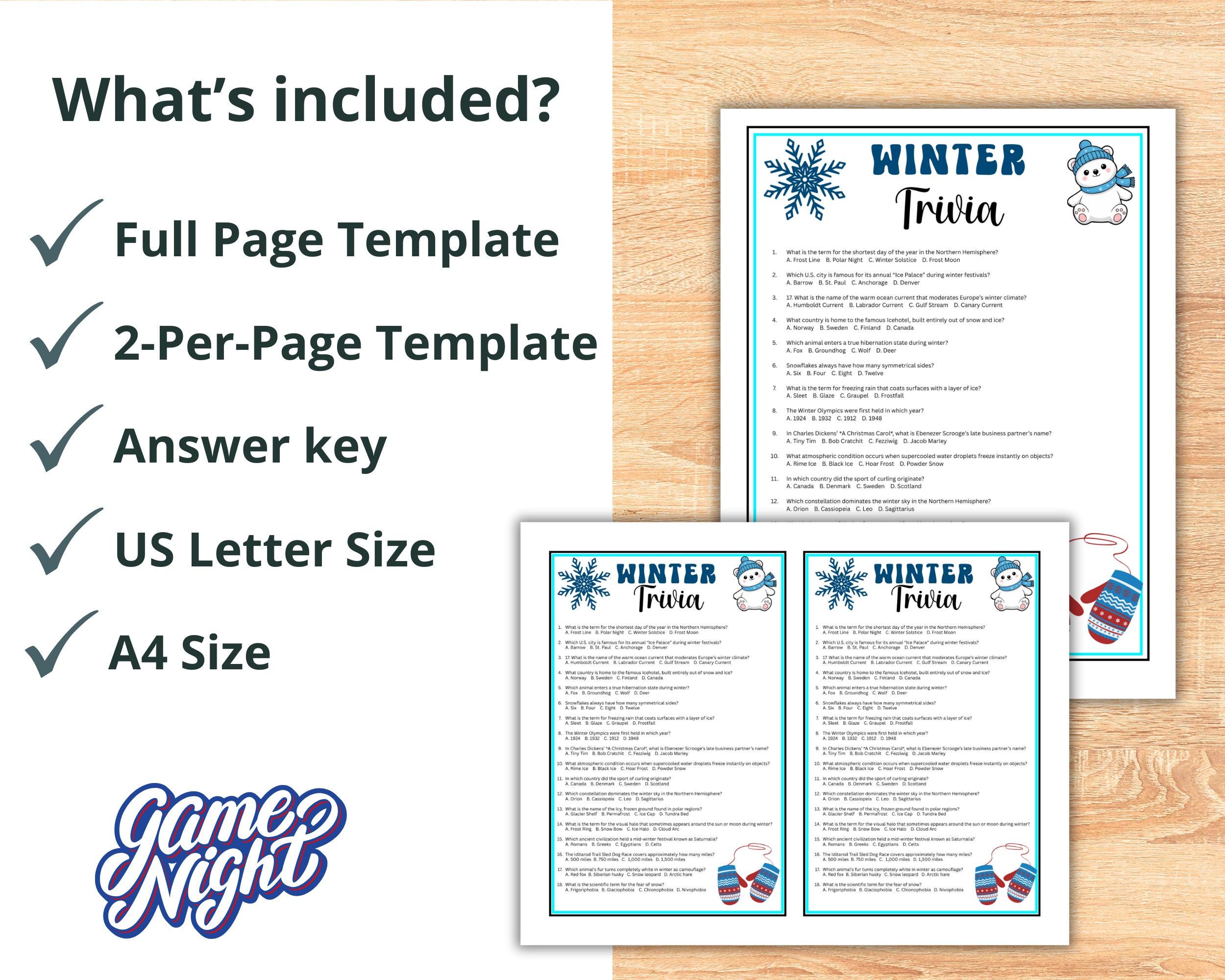 Winter Trivia Quiz Game Printable With Answers, Holiday Season Game ...