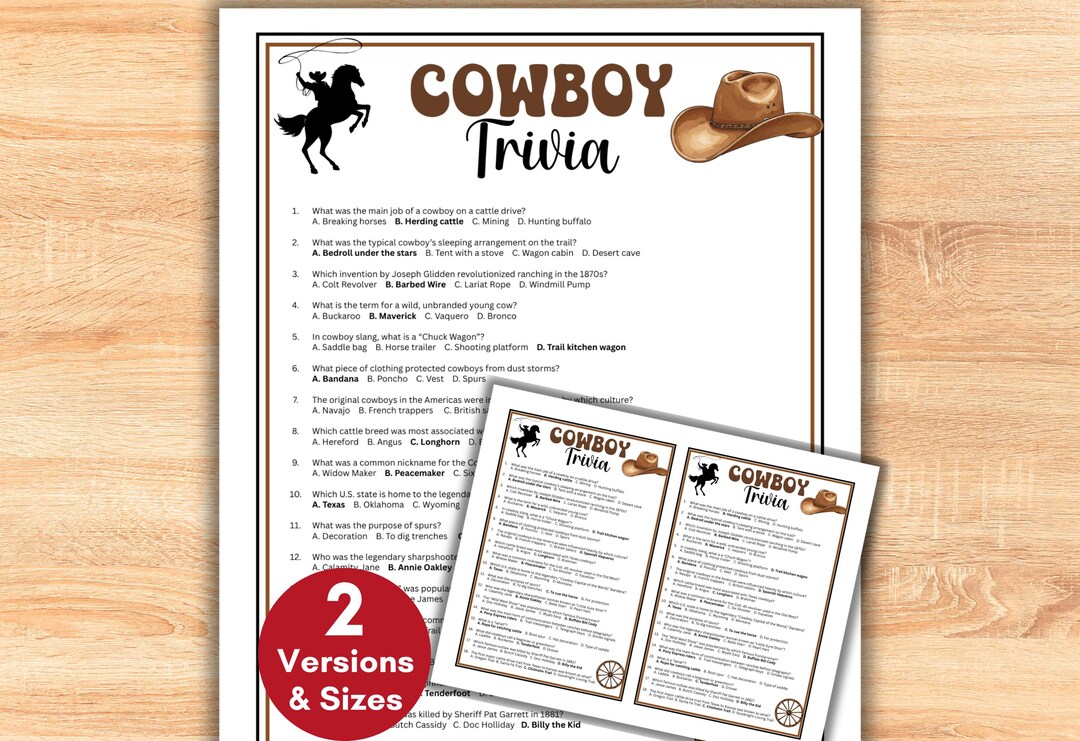 Cowboy Trivia Quiz Game Printable With Answers, Western Games Night ...