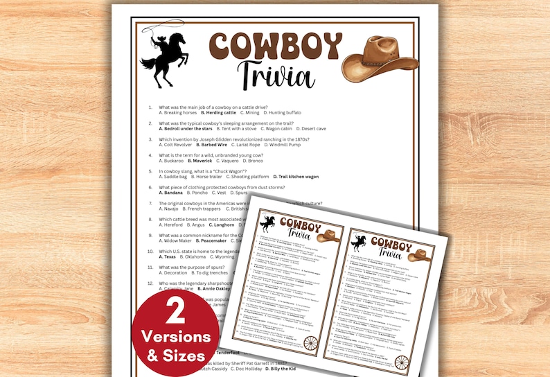 Cowboy Trivia Quiz Game Printable With Answers, Western Games Night ...