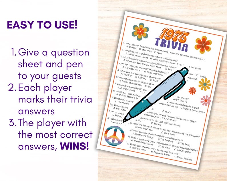 1975 TRIVIA Game Printable, Born in 1975 Quiz Challenge, Fun Facts 70s ...
