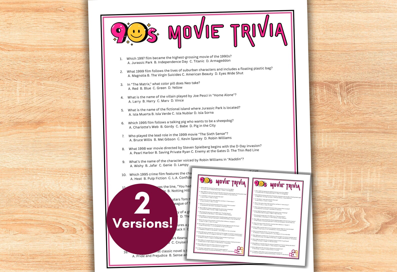 90s Movie Trivia Quiz Game Printable With Answers, 1990s Popular Movies ...