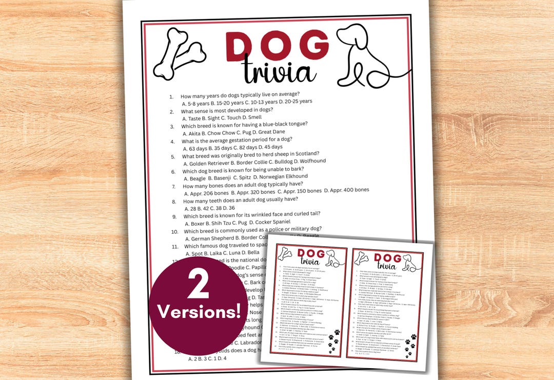 Dog Trivia Quiz Game Printable With Answers, Family Game Night, Pop ...