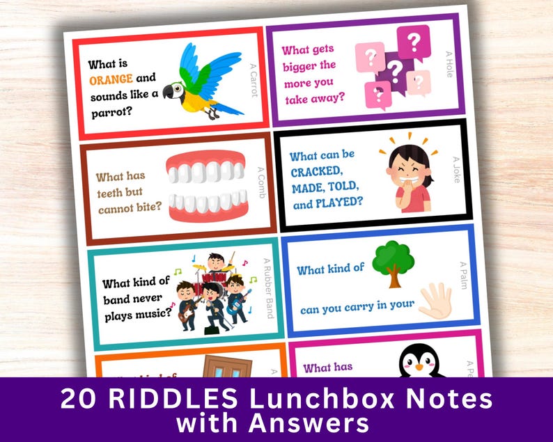 Riddles for Kids Lunchbox Notes With Answers, Lunch Box Note Cards for ...