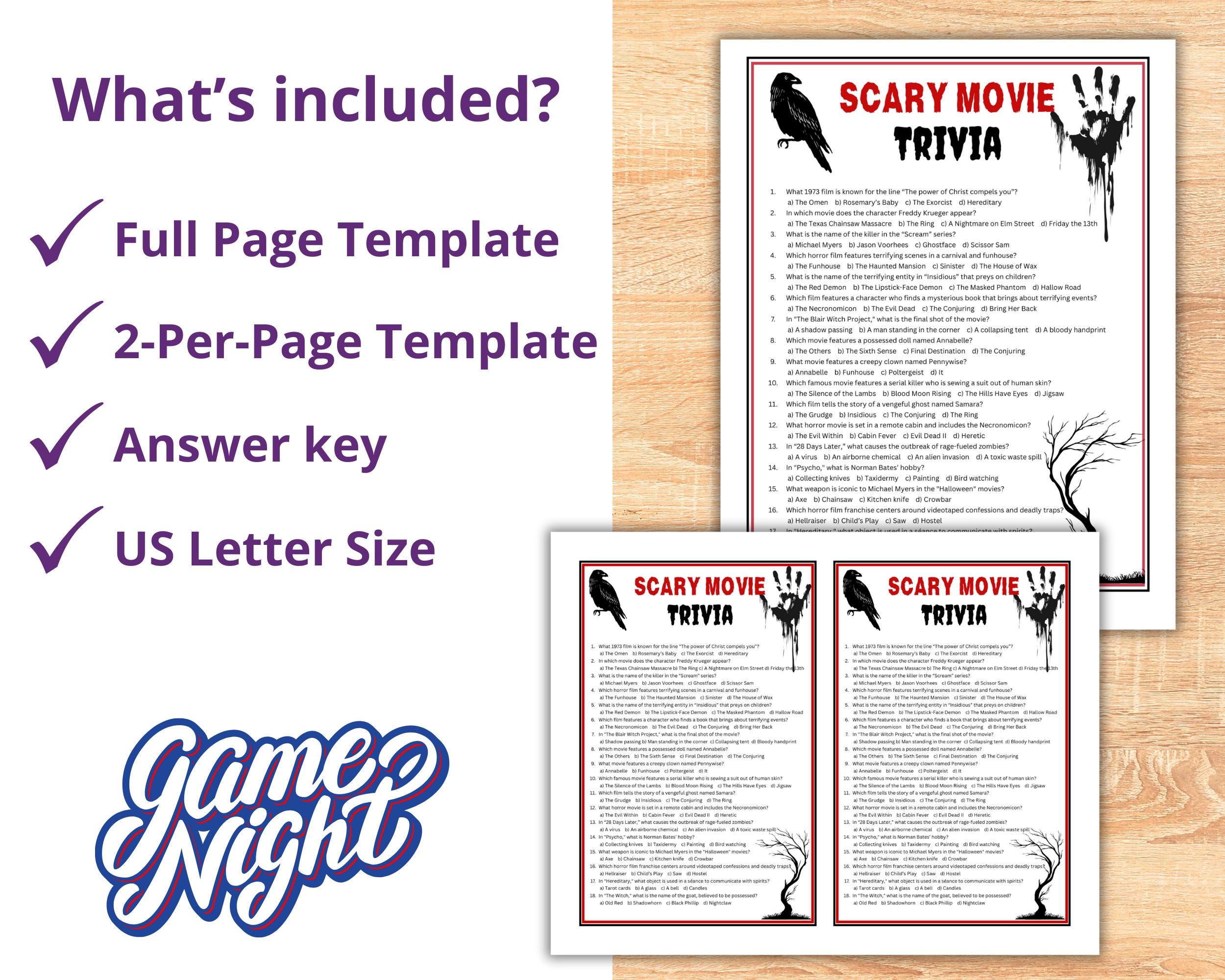 Scary Movie Trivia Quiz Game Printable, Horror Movies Questions and ...