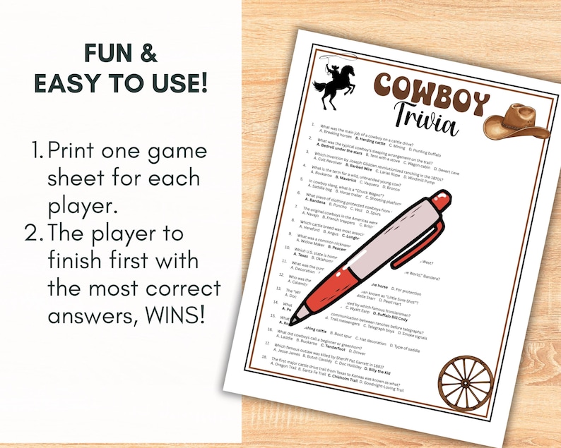 Cowboy Trivia Quiz Game Printable With Answers, Western Games Night ...