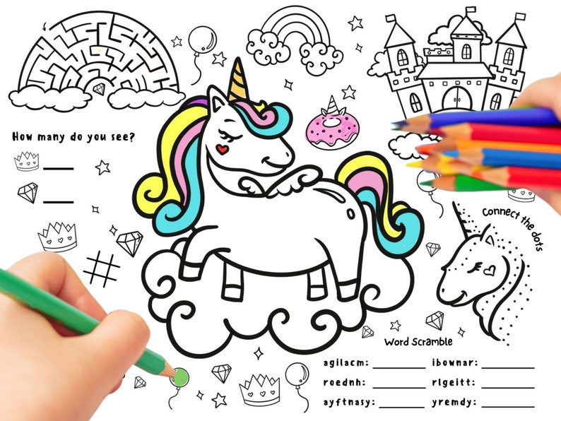 Unicorn Coloring Page Placemat for Kids Birthday Party, Activity Sheet ...
