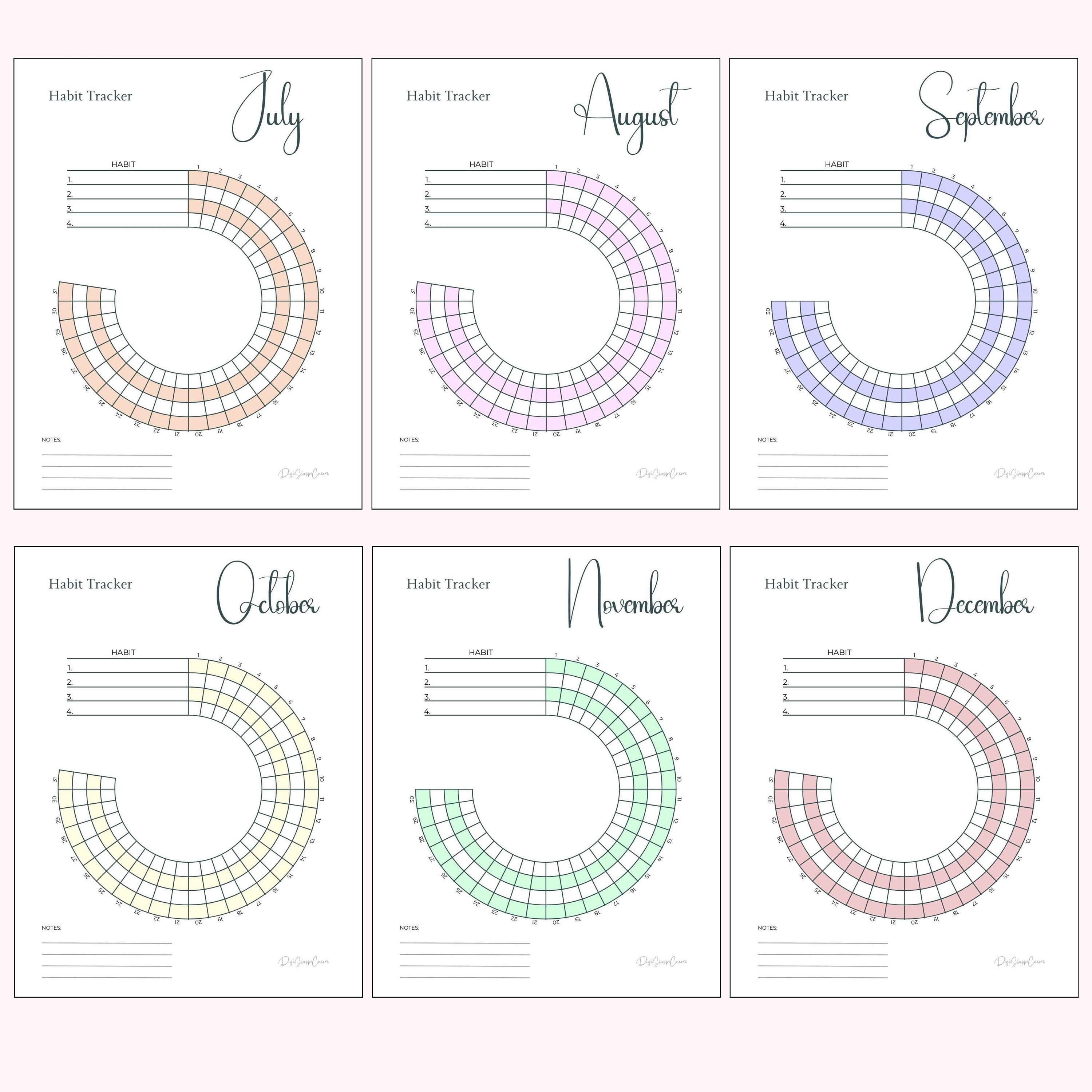 Printable Circular Habit Trackers Monthly Track Daily Habits for Self ...