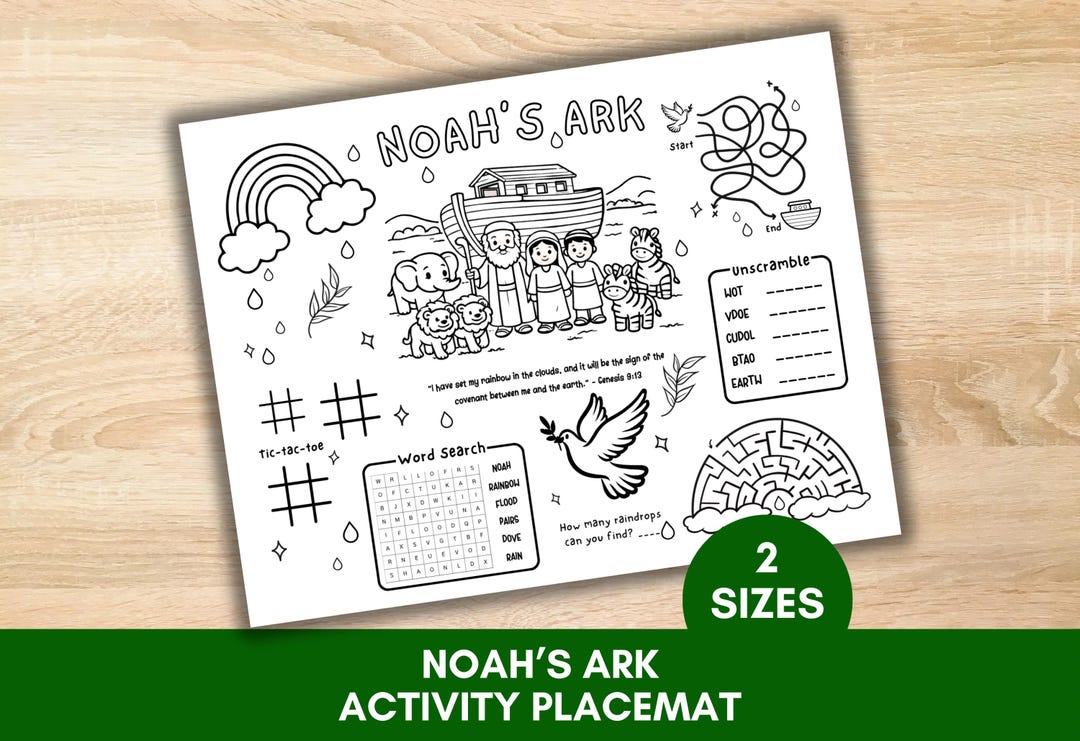 Bible Activity Sheet, Noah's Ark Coloring Placemat, Printable Kids ...