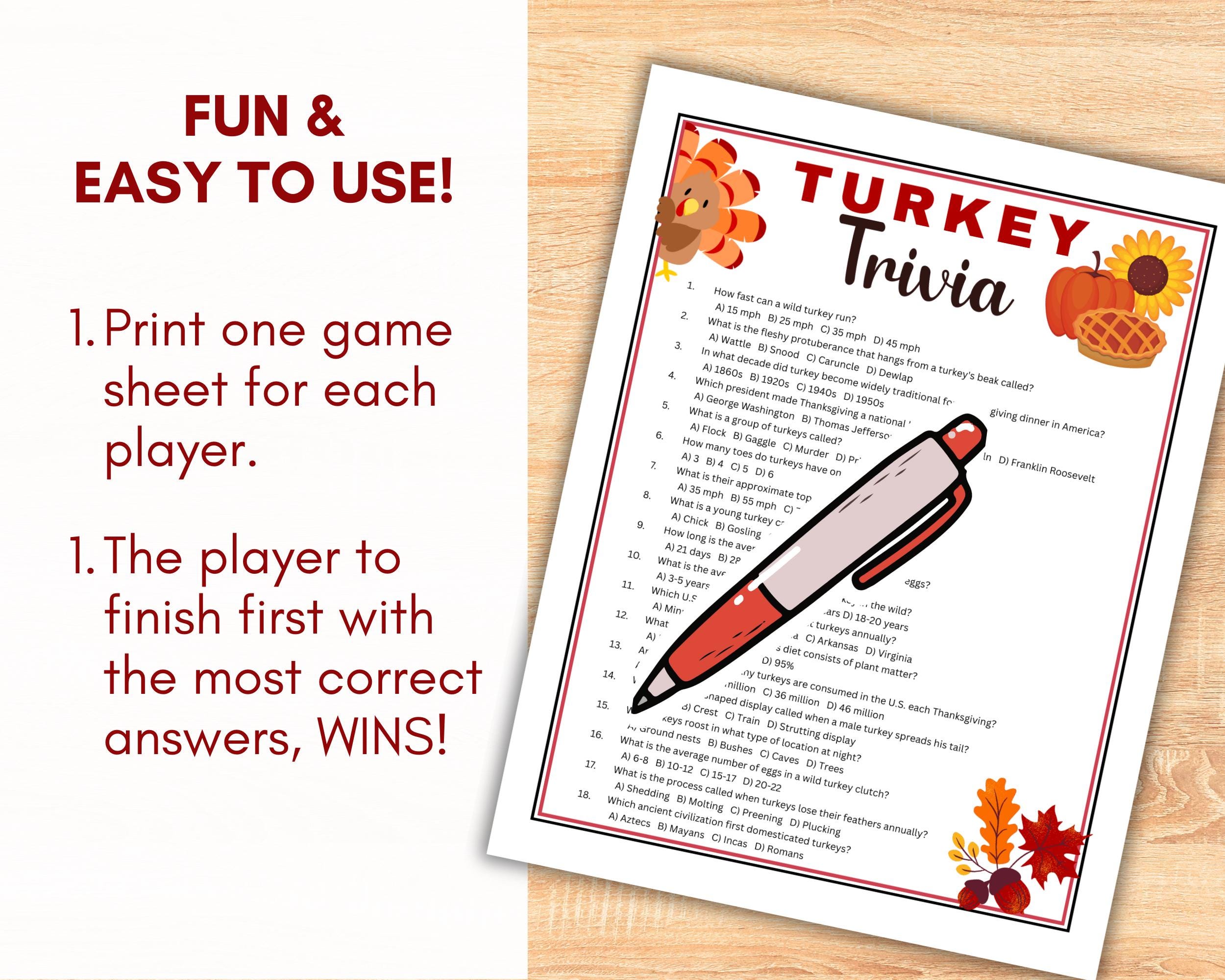 TURKEY Trivia Quiz Game Printable With Answers, Family Game Night, Pop ...