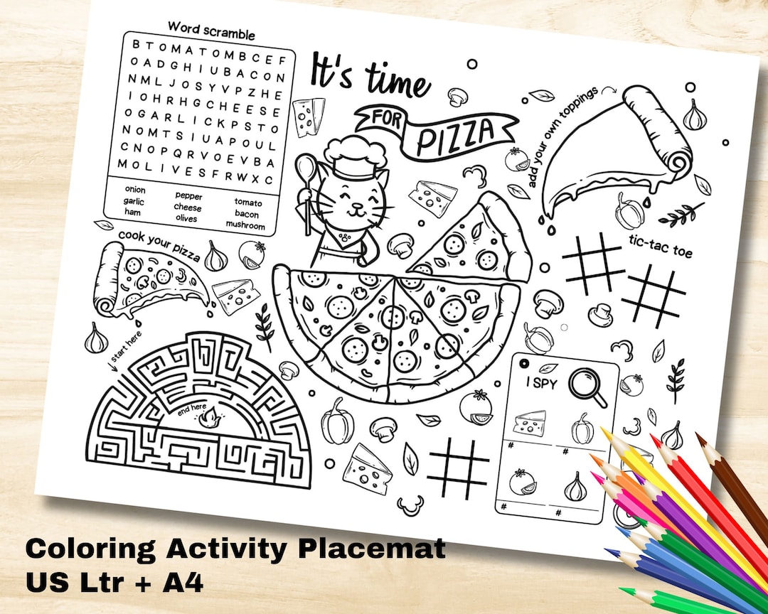 Coloring Placemats for Kids Pizza Party, Printable Restaurant Activity ...
