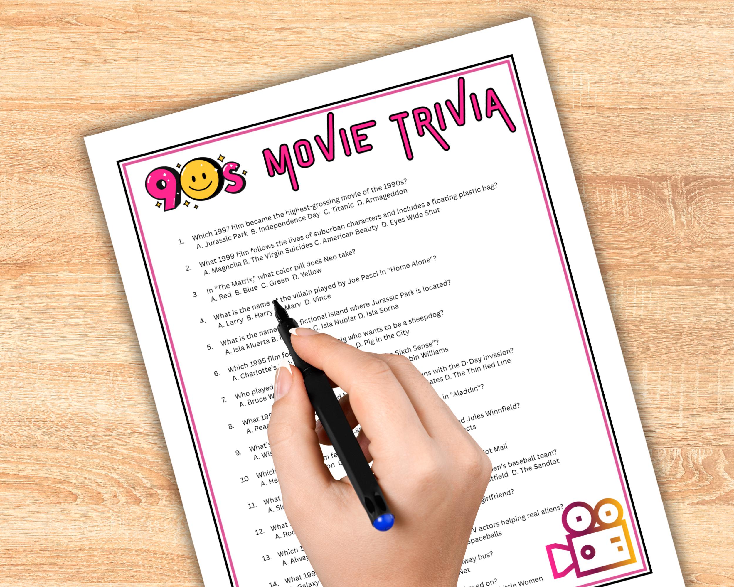 90s Movie Trivia Quiz Game Printable With Answers, 1990s Popular Movies ...