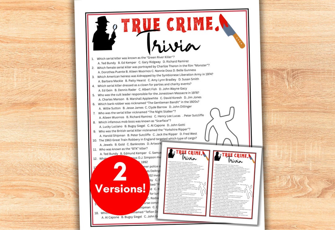 True Crime Trivia Quiz Game Printable With Answers, Pop Culture Games ...
