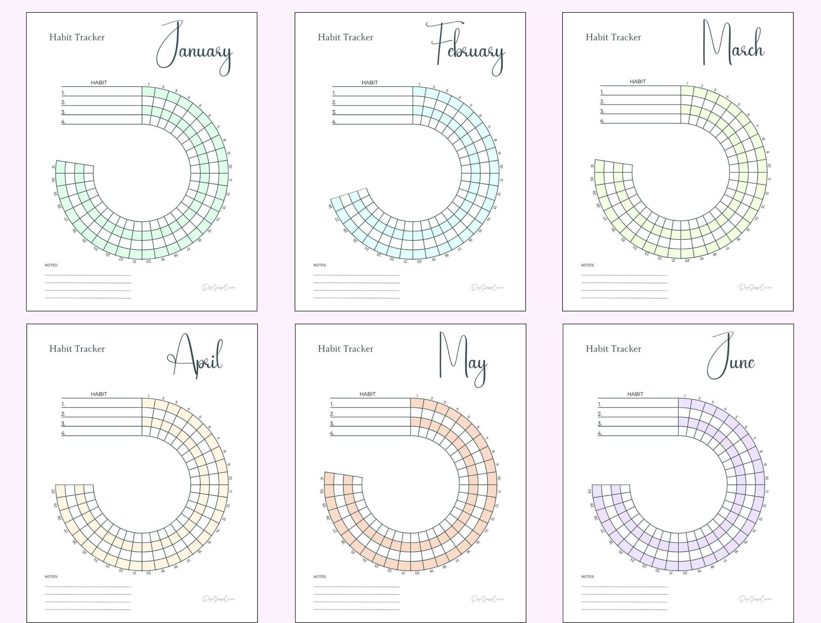 Printable Circular Habit Trackers Monthly Track Daily Habits for Self ...