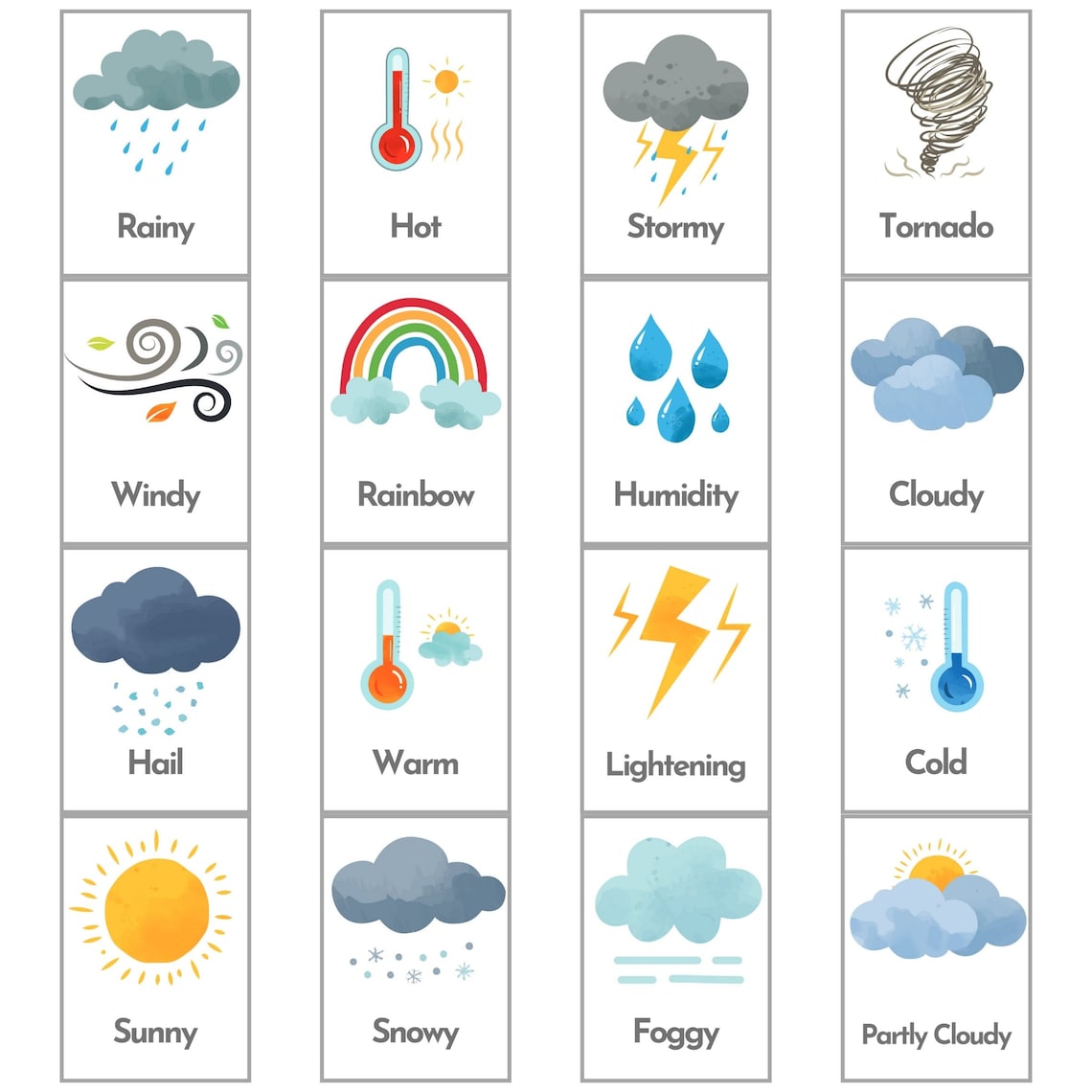 Weather Flashcards for Kids, Homeschool Education Flash Cards, 16 ...