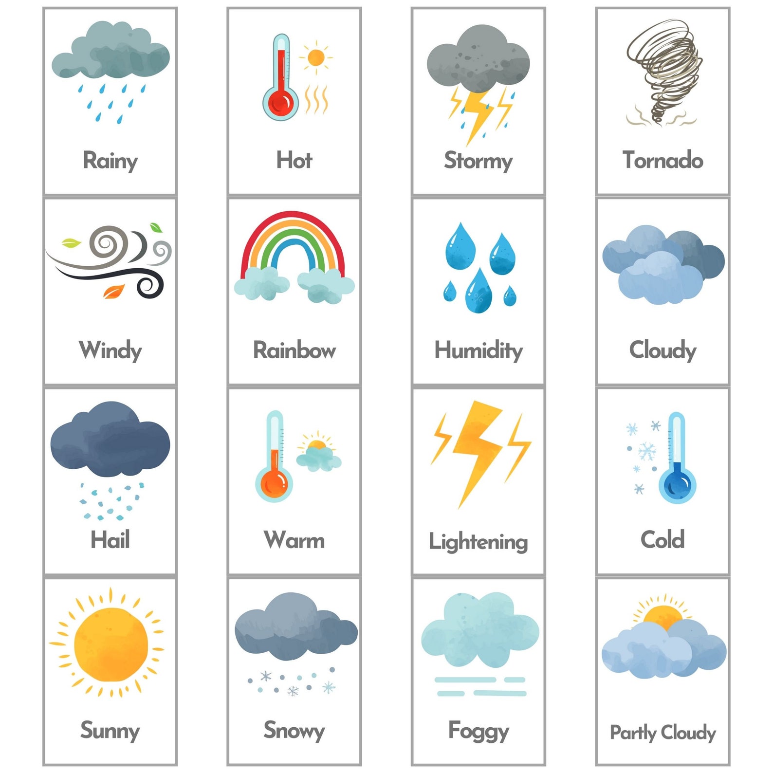 Weather Flashcards for Kids, Homeschool Education Flash Cards, 16 ...